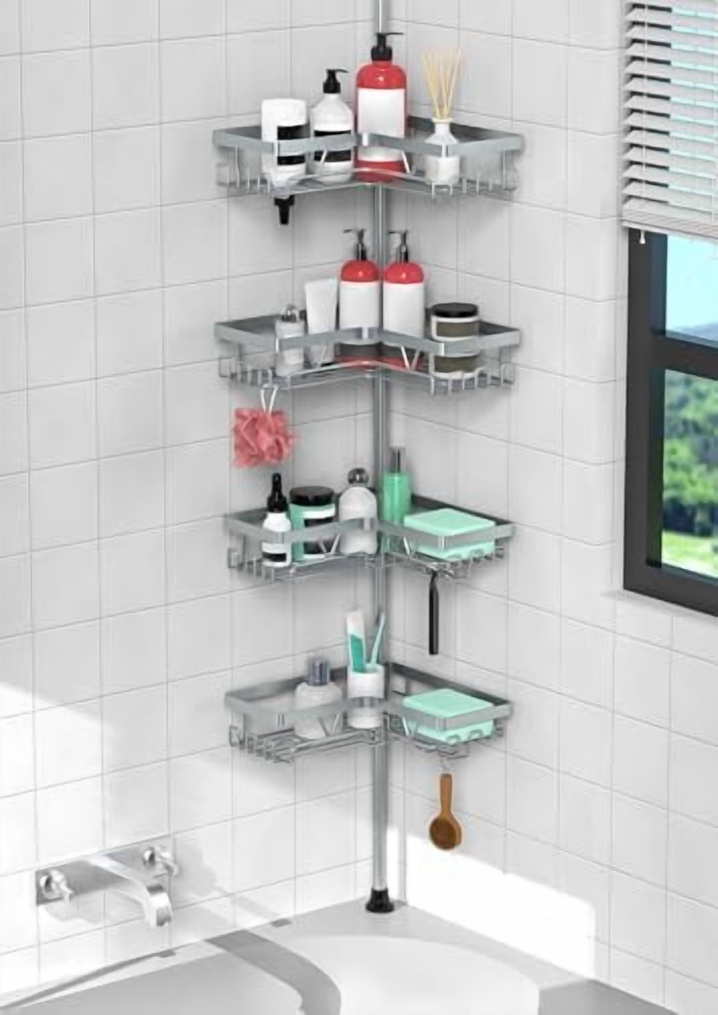 4-Tier Corner Shower Caddy Tension Pole - Adjustable Shower Tension Rod ...