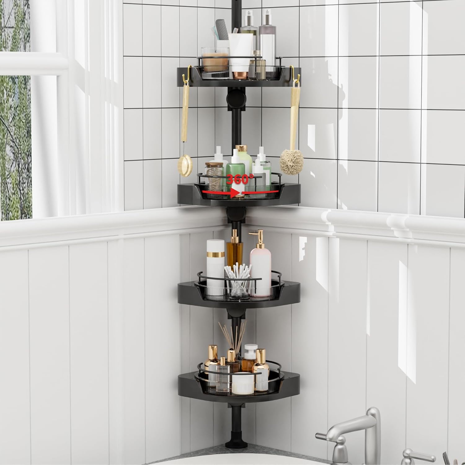 4 Tier Corner Shower Caddy Tension Pole with Hooks, 360° Rotating ...
