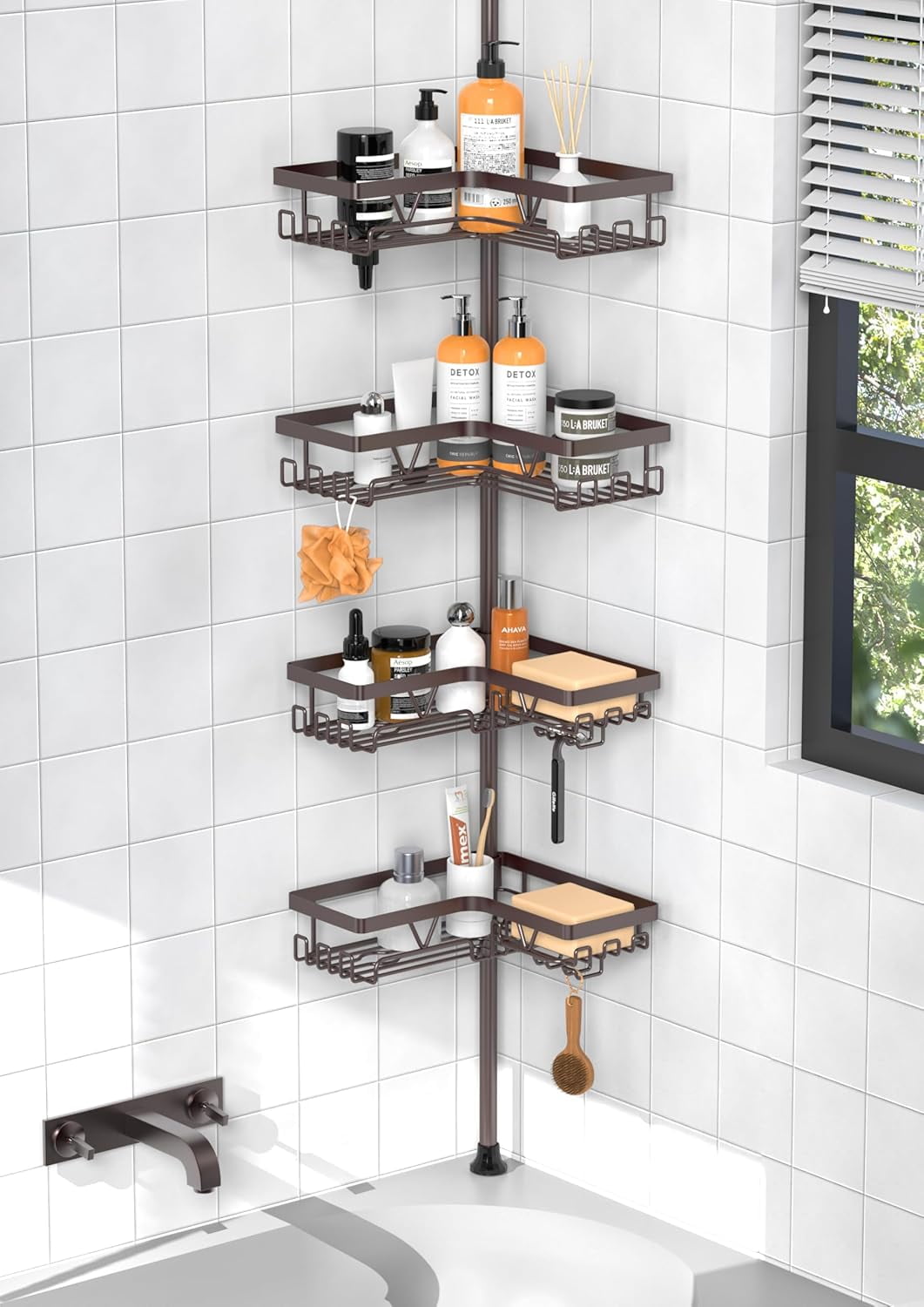 4-Tier Corner Shower Caddy Tension Pole - Waterproof Shower Rod ...