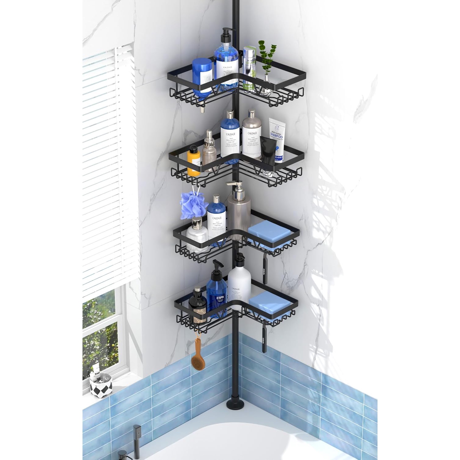 4-Tier Corner Shower Caddy with Hooks, Tension Pole Adjustable 25-114.2 ...