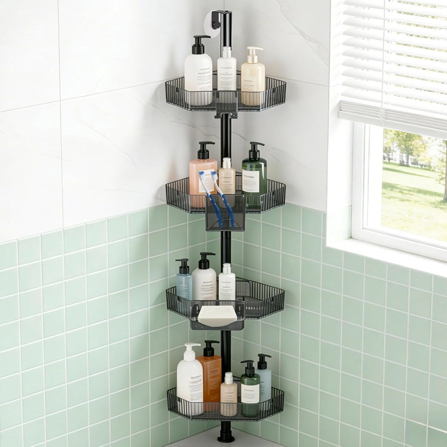 4 Tier Corner Shower with Modular Poles ABS Basket & Carbon Steel ...