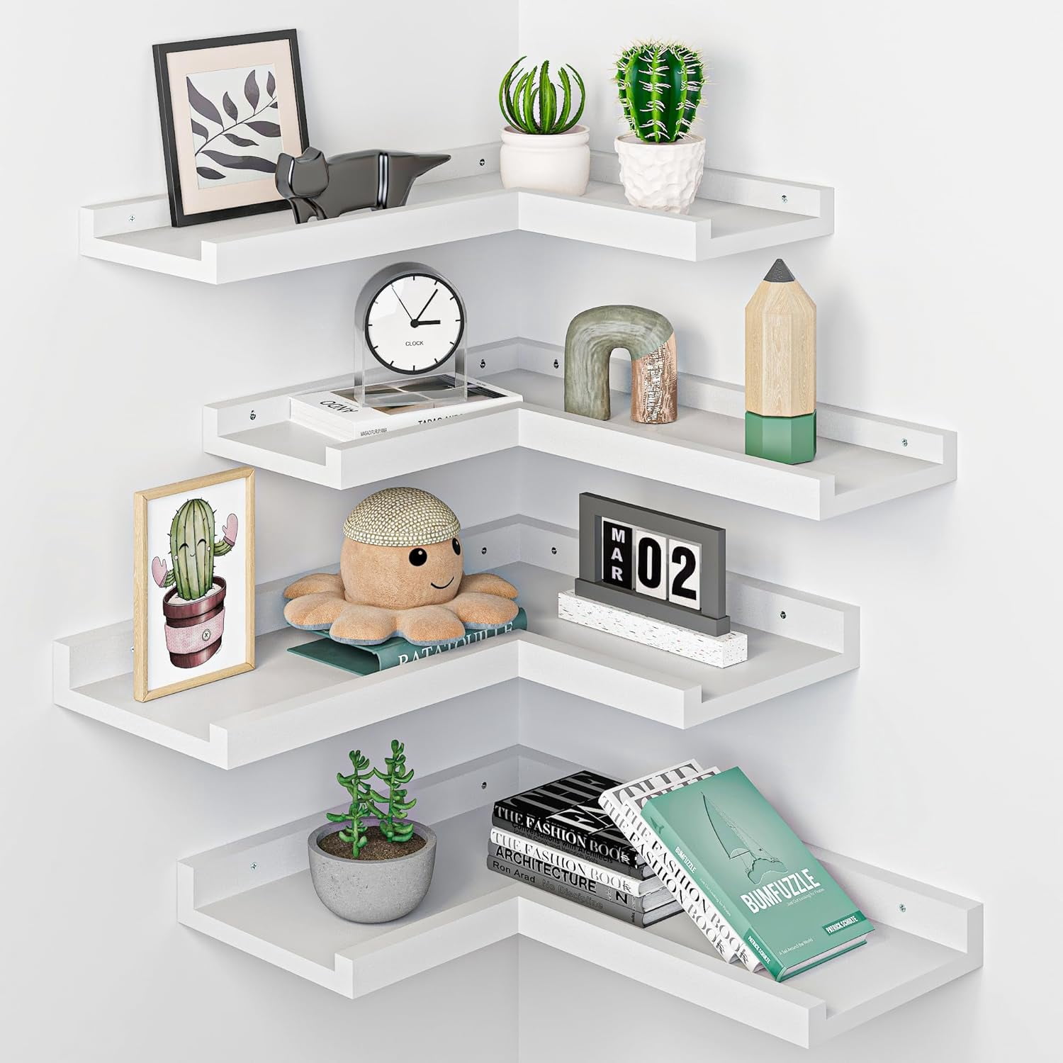4 Tier Corner Wall Shelf, Floating Corner Shelves with Lip, White ...
