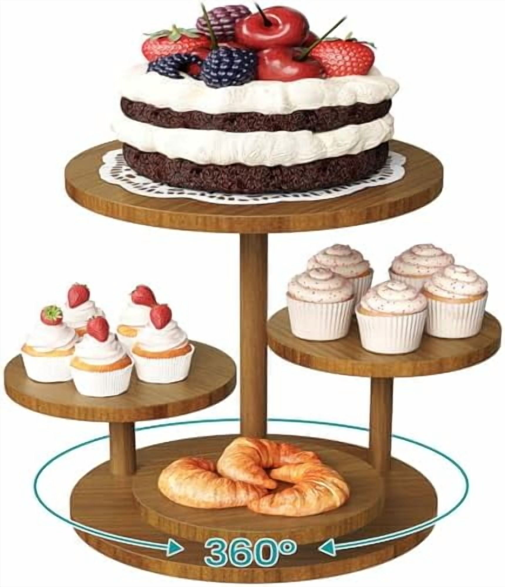 4 Tier Cupcake Stand, 360° Rotatable Wood Cake Stand with Tiered Tray ...