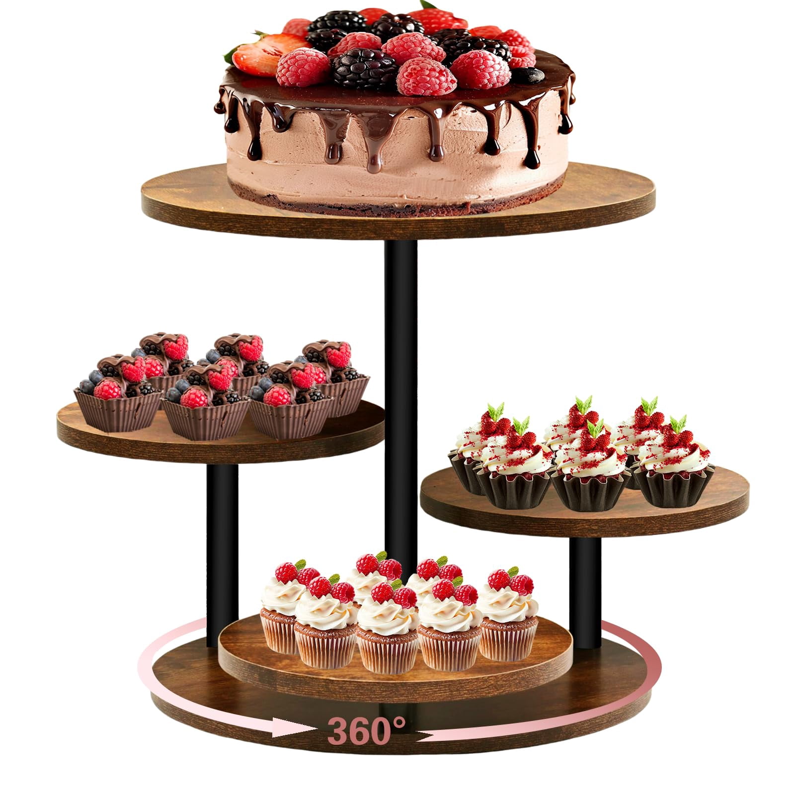 4 Tier Cupcake Stand for 50 Cupcakes Rotatable Round Wooden Dessert ...