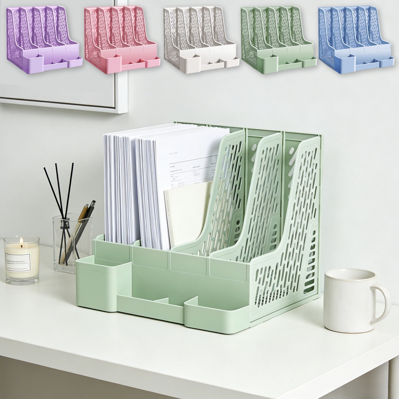 4 Tier Desk File Organizer with Pen Holders, Desktop File Sorter Rack ...