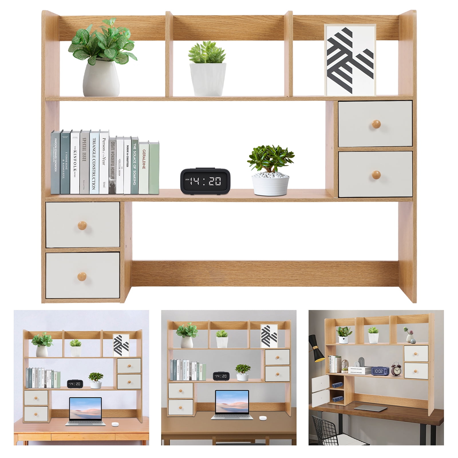 4 Tier Desk Shelf Desktop Organizer, Wood Desktop Bookshelf Office ...