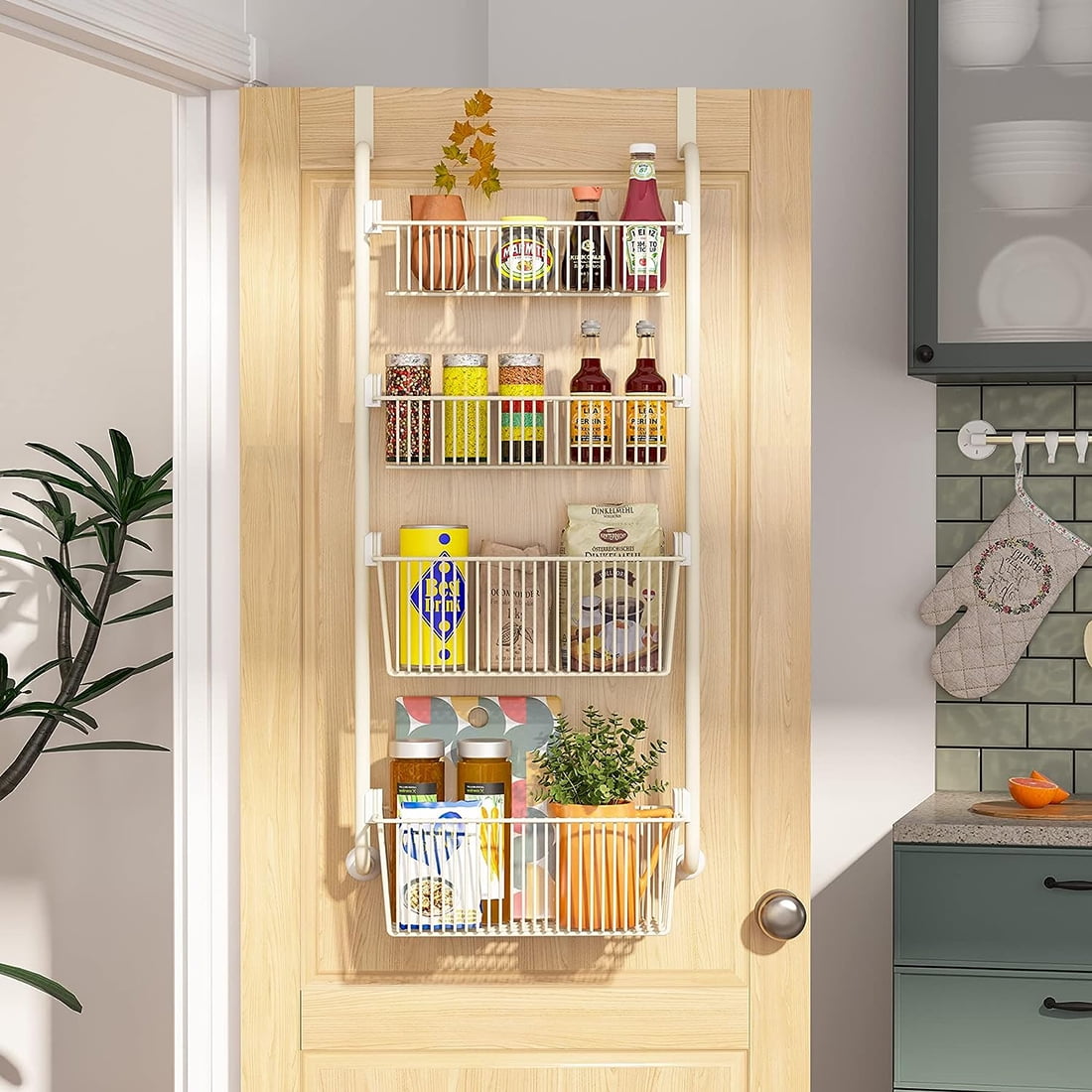 4-Tier Heavy-Duty Metal Pantry Door Organizer, Over Door Spice & Can ...