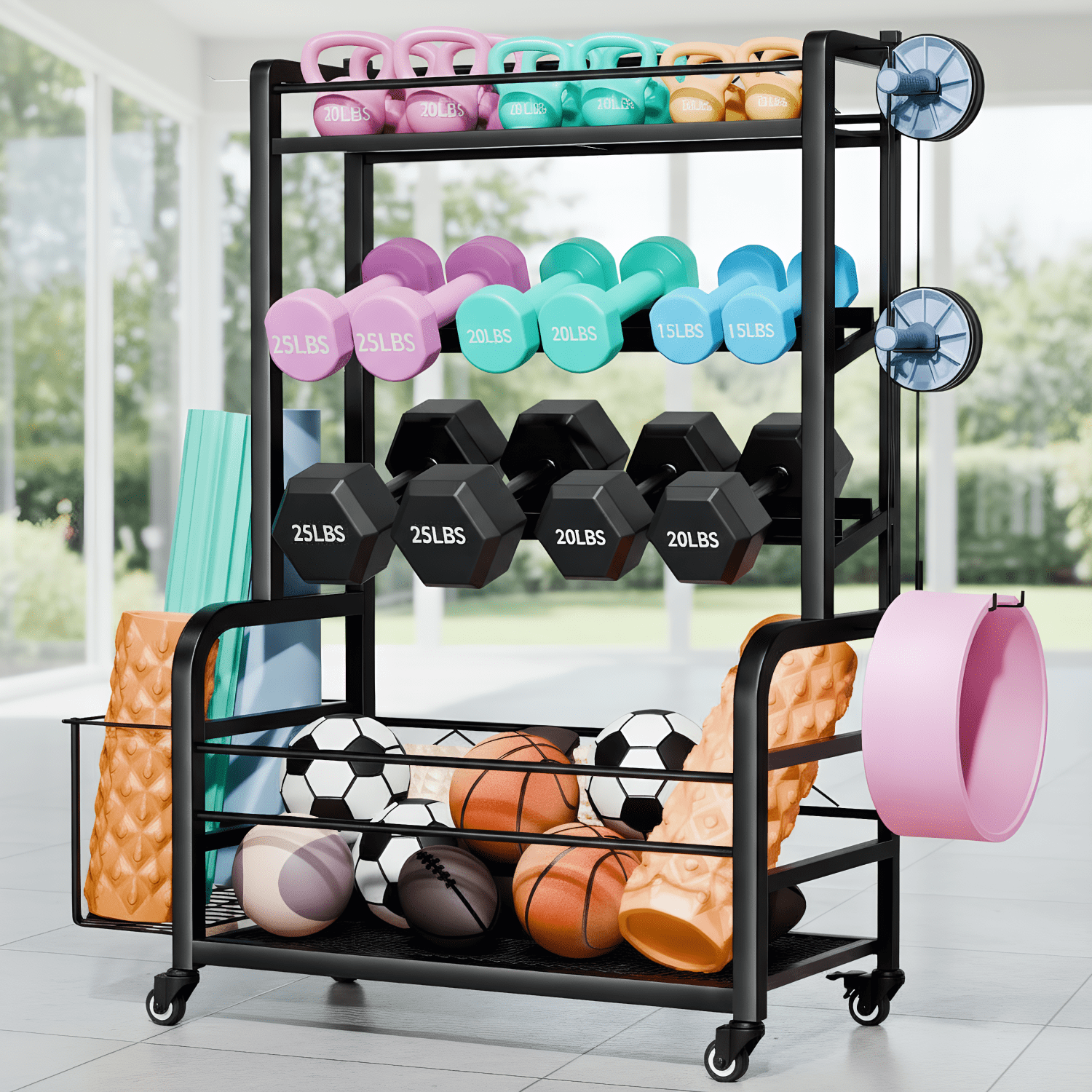 4-Tier Dumbbell Rack with Wheels, Adjustable Weight Storage Stand for ...