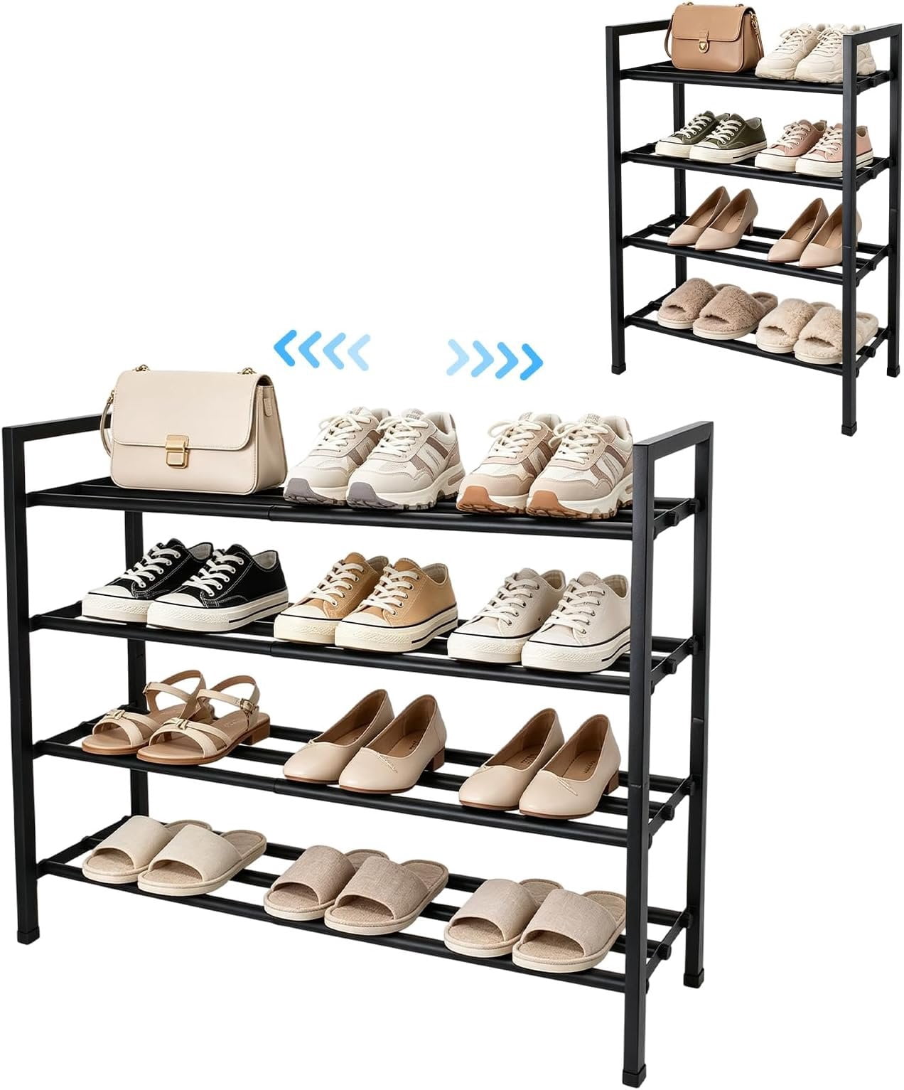 4-Tier Expandable Shoe Rack, Heavy Duty Metal Freestanding Shoe Shelf ...