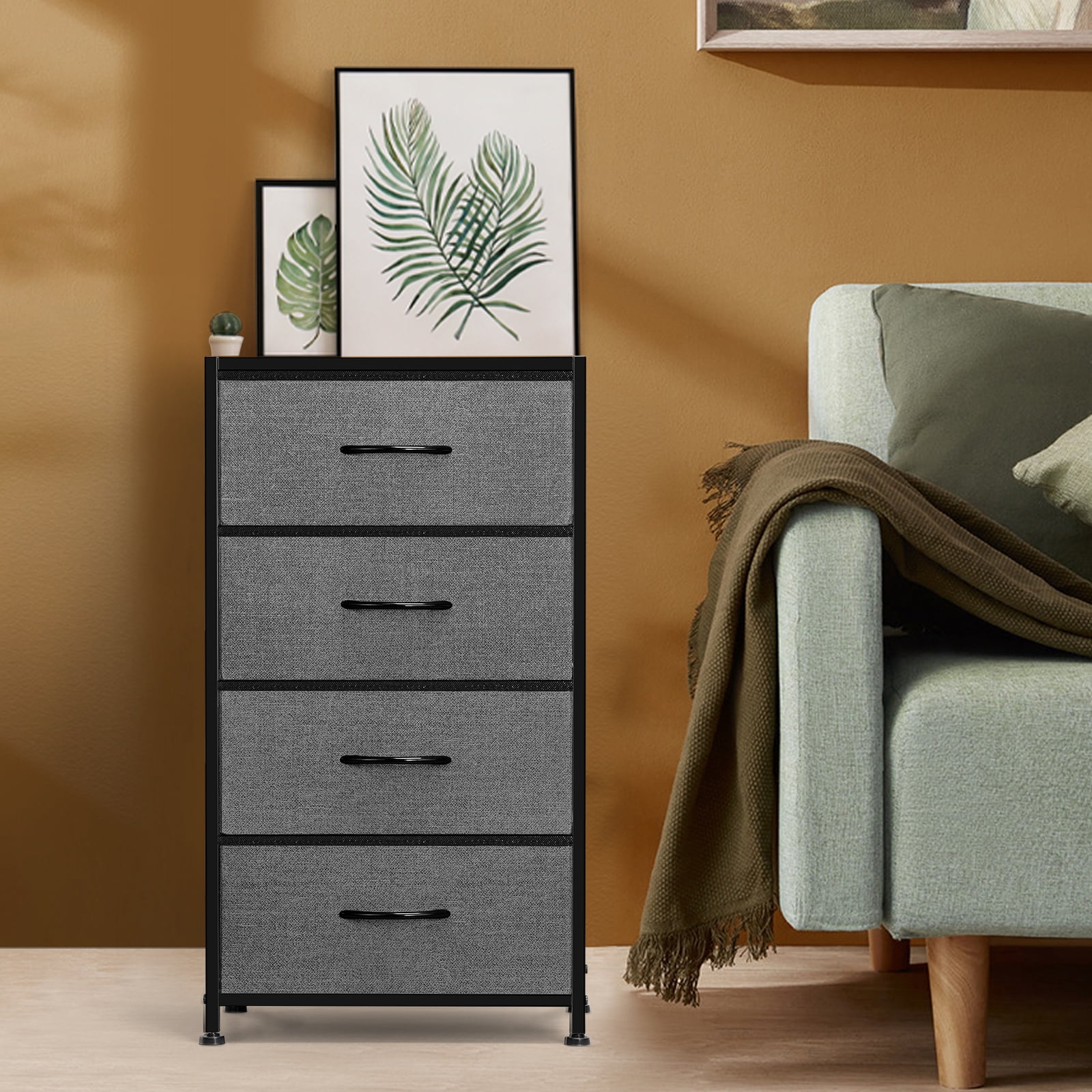 4‑Tier Fabric Drawer Storage Tower, Black Frame with Gray Drawers ...