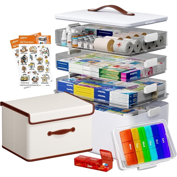 4-Tier First Aid Storage Organizer with 7-Day Pill Case and Bottle Bin ...