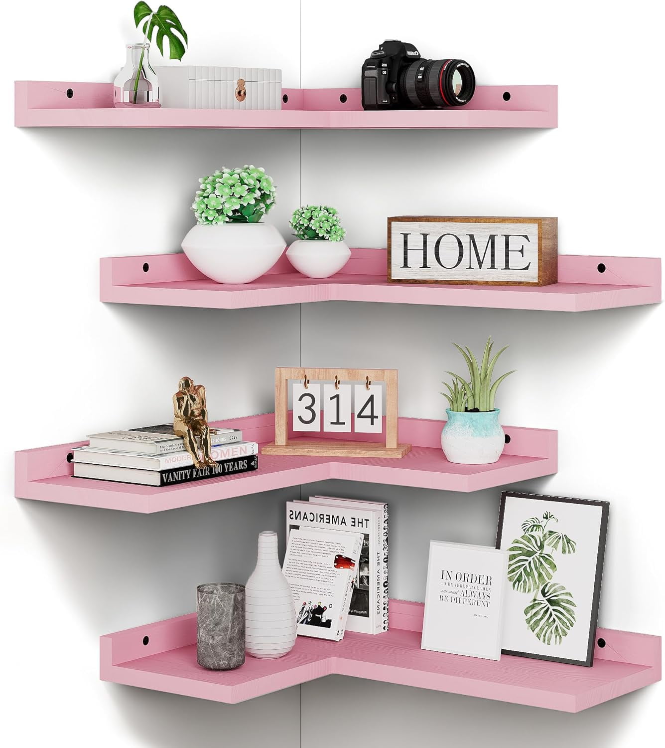 4 Tier Floating Corner Shelves Pink Set of 4, Rustic Pine Wooden ...