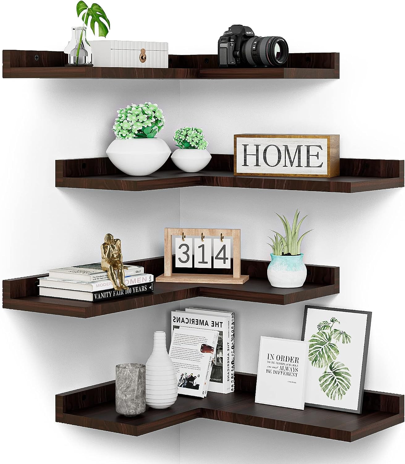 4 Tier Floating Corner Shelves Set of 4, Rustic Pine Wooden Floating ...