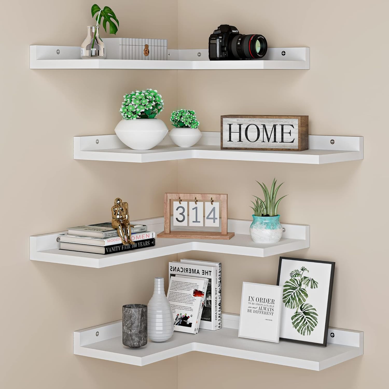 4 Tier Floating Corner Shelves White Set of 4, Rustic Pine Wooden ...