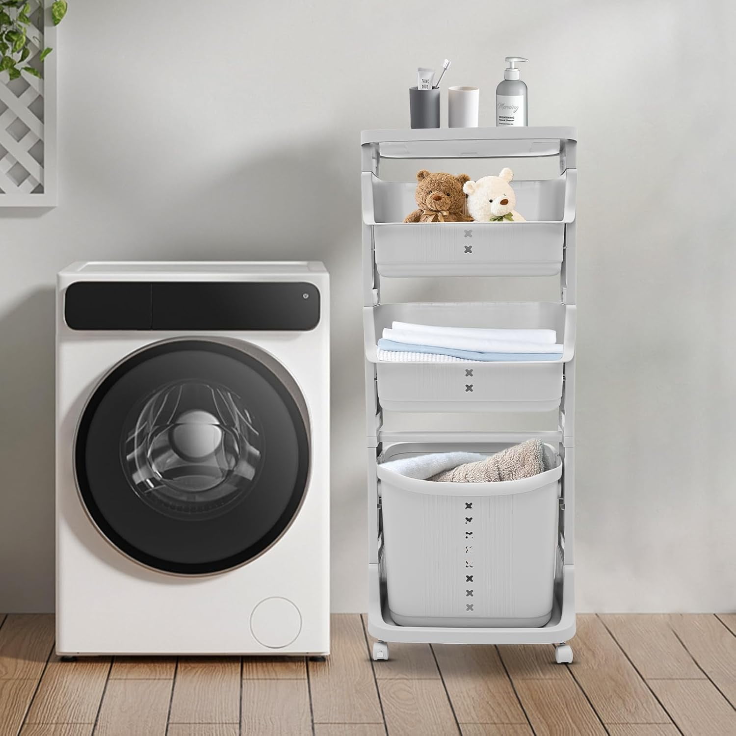 4-Tier Floor Standing Laundry Hampers on Wheels, Rolling Laundry Cart ...