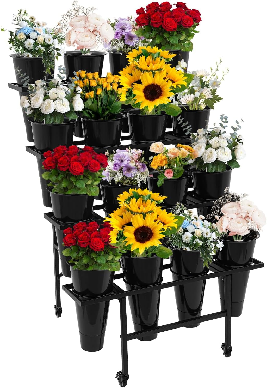 4 Tier Flower Display Stand with 16 Buckets, Heavy Duty Moving Flower ...