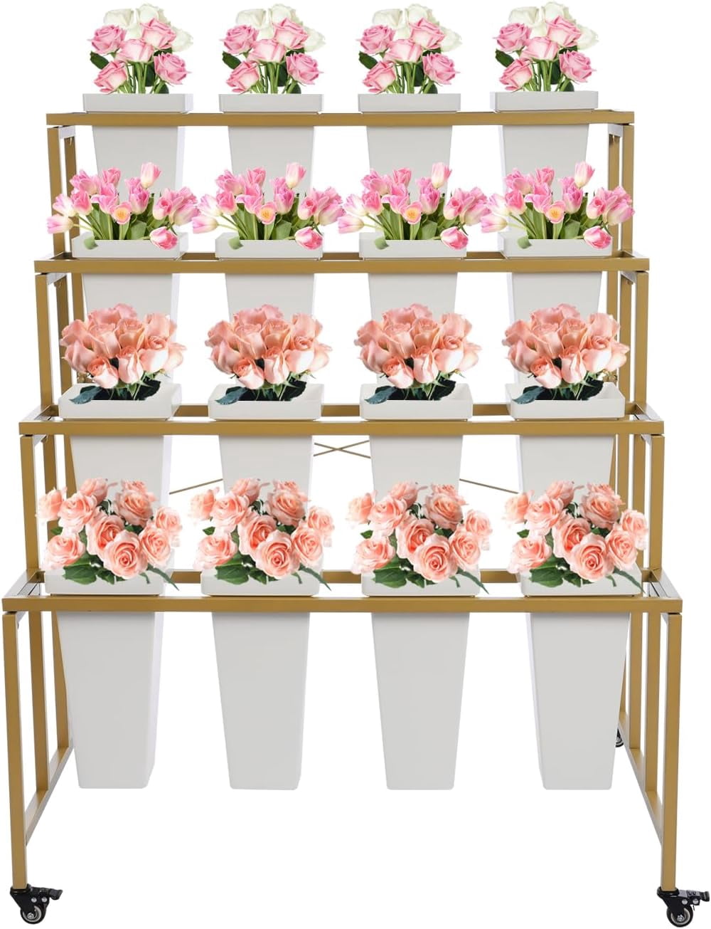 4 Tier Flower Display Stand with 16 Buckets, Metal Plant Stand with ...