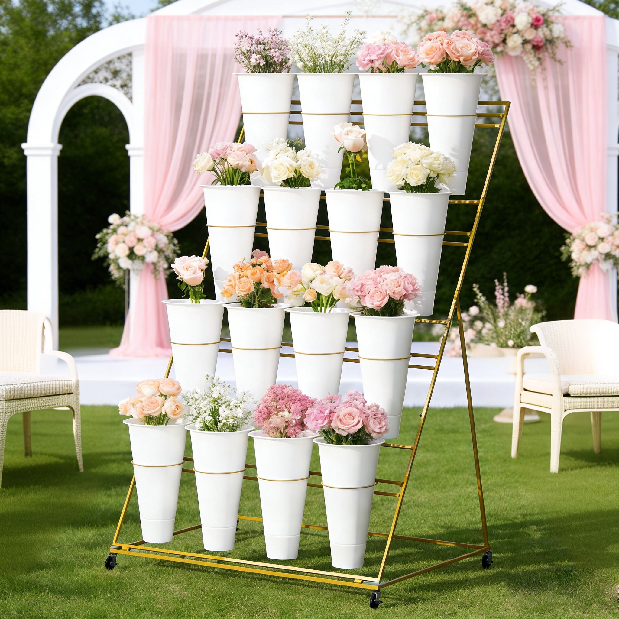 4 Tier Flower Display Stand,Flower Cart with Wheels,Floral Bar with 16 ...
