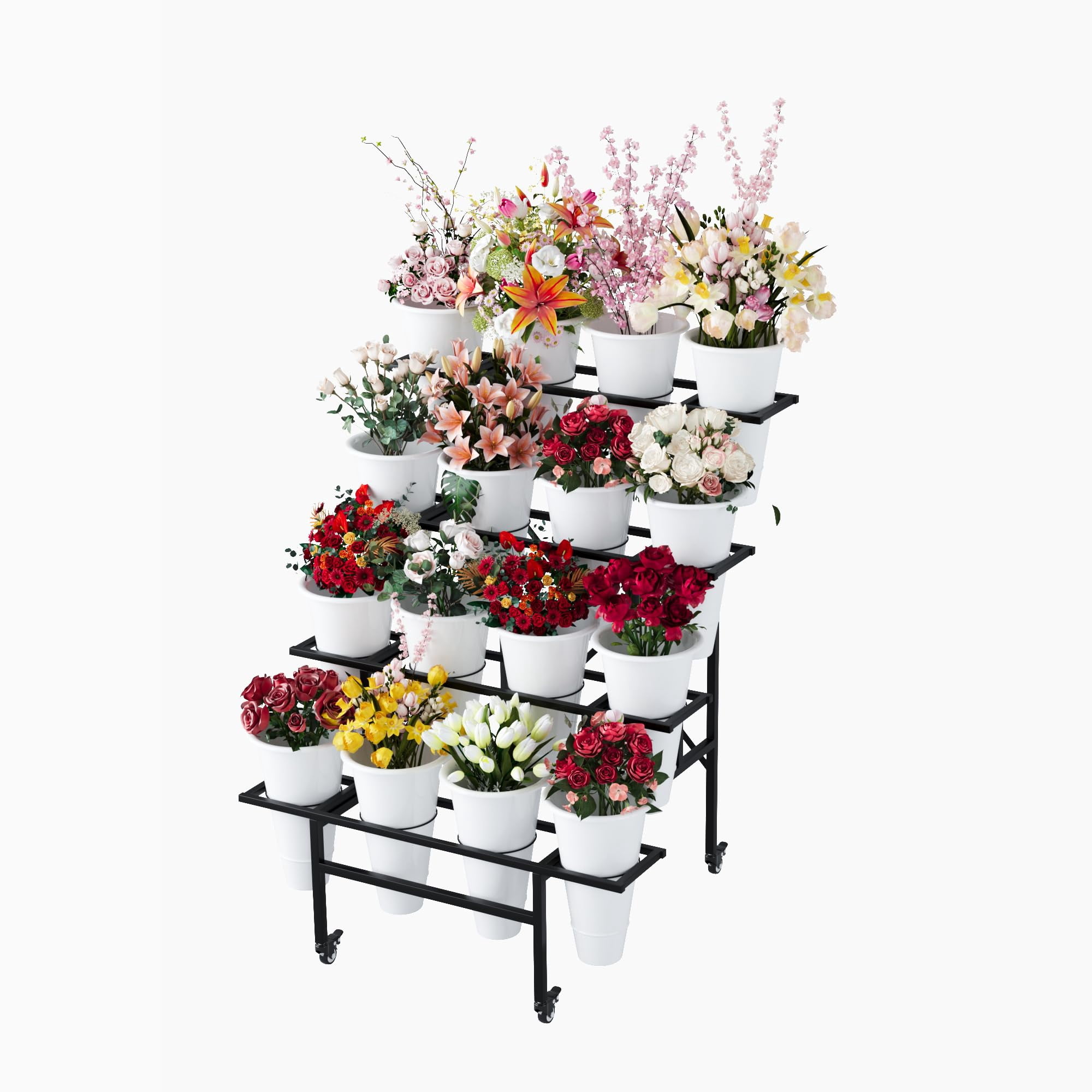 4 Tier Flower Display Stand with 16 White Plastic Buckets, Heavy Duty ...