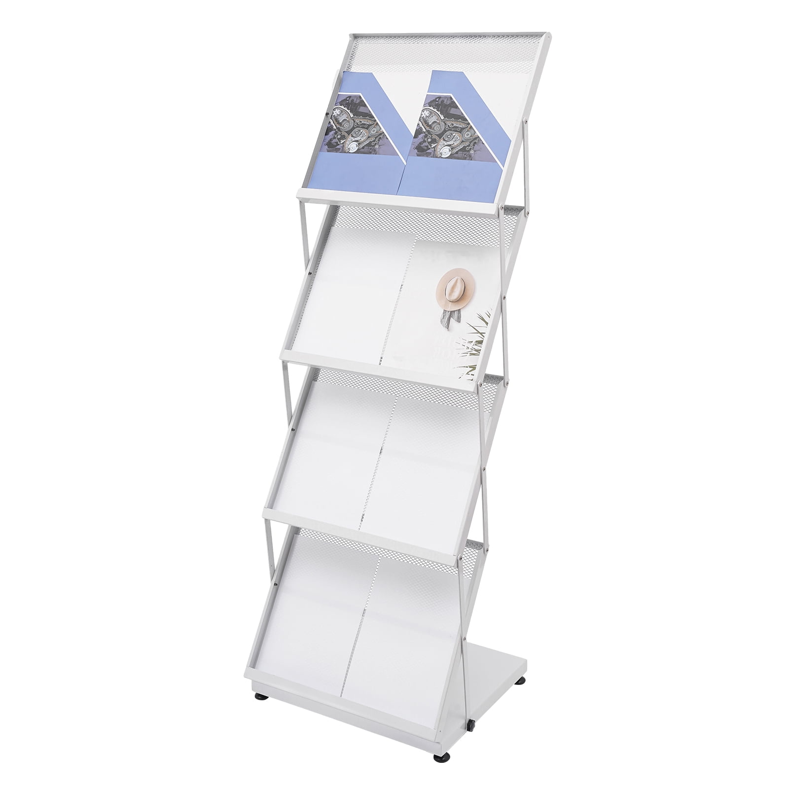 4-Tier Foldable Brochure Stand, White Iron Frame with Raised Edges and ...