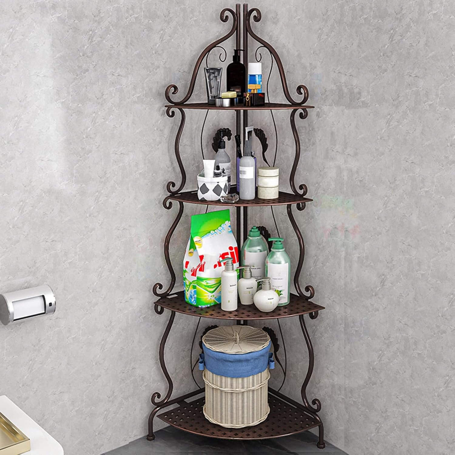 4-Tier Foldable Corner Shelf,Iron Floor Standing Shelf,Bathroom Corner ...