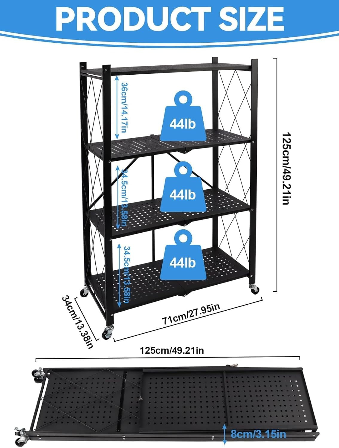 4 Tier Foldable Folding Shelves Heavy Duty Storage Shelving with Wheels ...