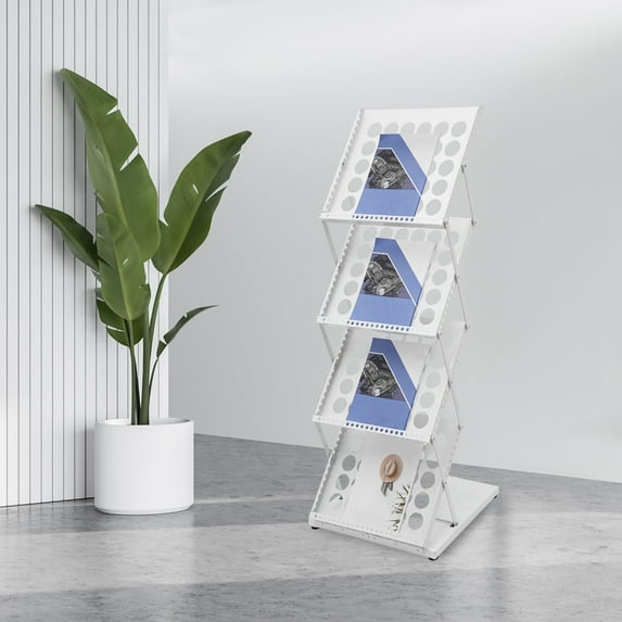 4-Tier Foldable Magazine Rack, White Iron Construction, Inclined ...