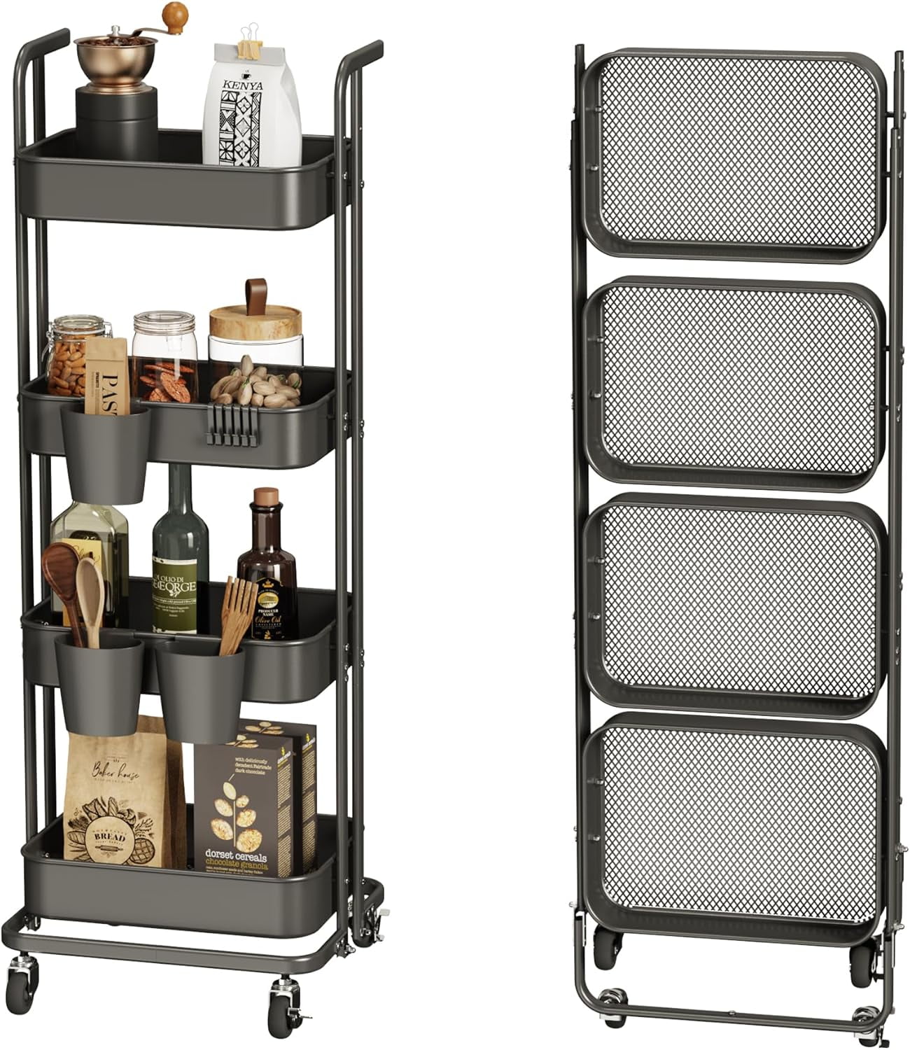 4 Tier Foldable Rolling Cart, Metal Utility Cart with Lockable Wheels ...