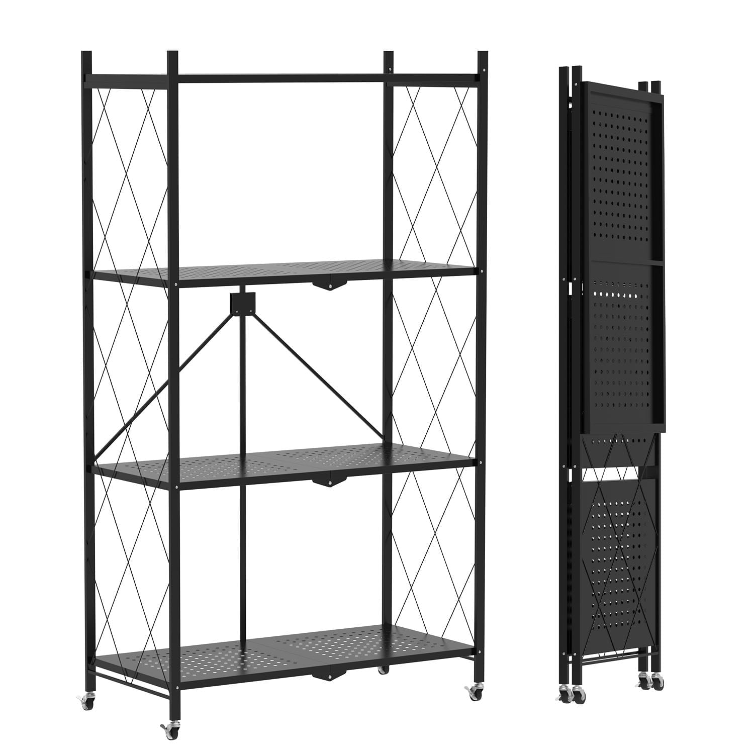 4 Tier Foldable Shelf with Wheels, Portable Carbon Steel No Assembly ...