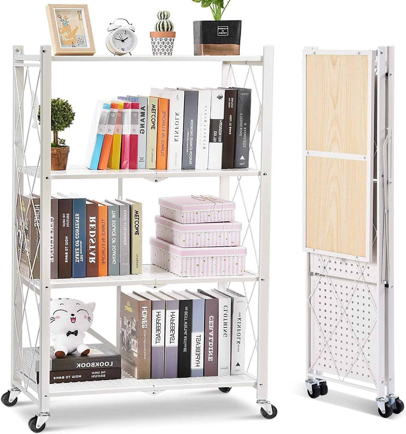 4-Tier Foldable Shelving Unit, Freestanding Metal Storage Shelf with ...