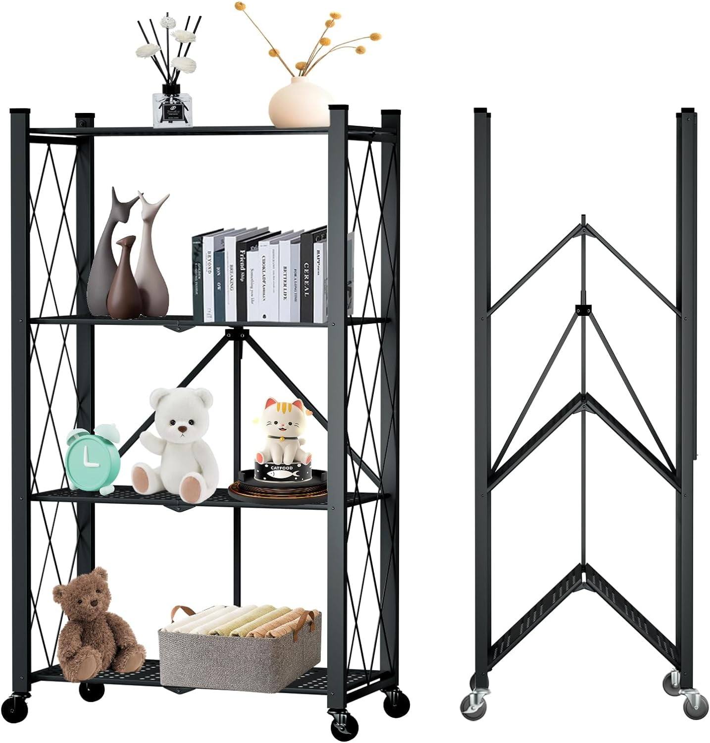 4 Tier Foldable Storage Shelf with Wheels, Heavy Duty Folding Shelf ...