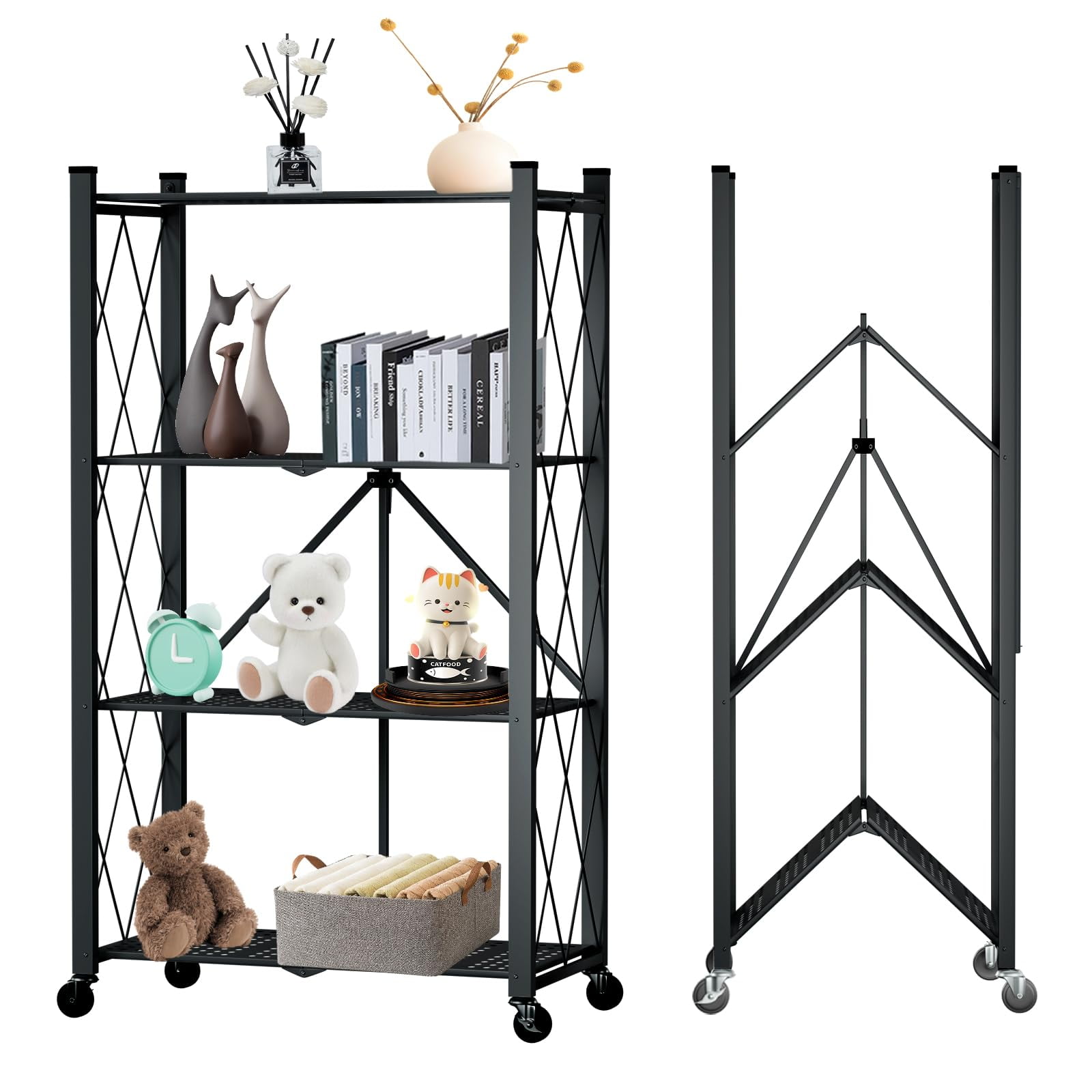 4 Tier Foldable Storage Shelf with Wheels, Heavy Duty Folding Shelf ...