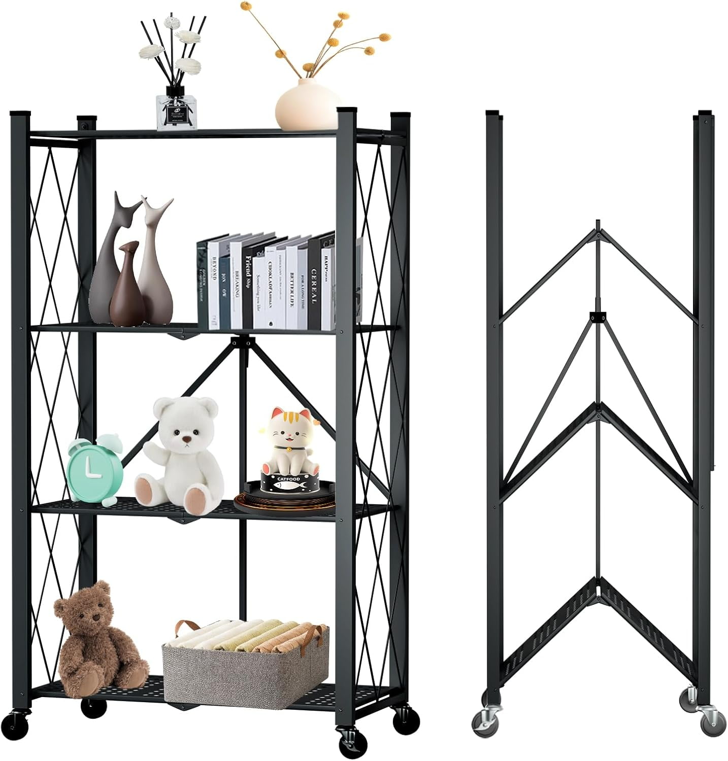 4 Tier Foldable Storage Shelf with Wheels, Heavy Duty Folding Shelf ...