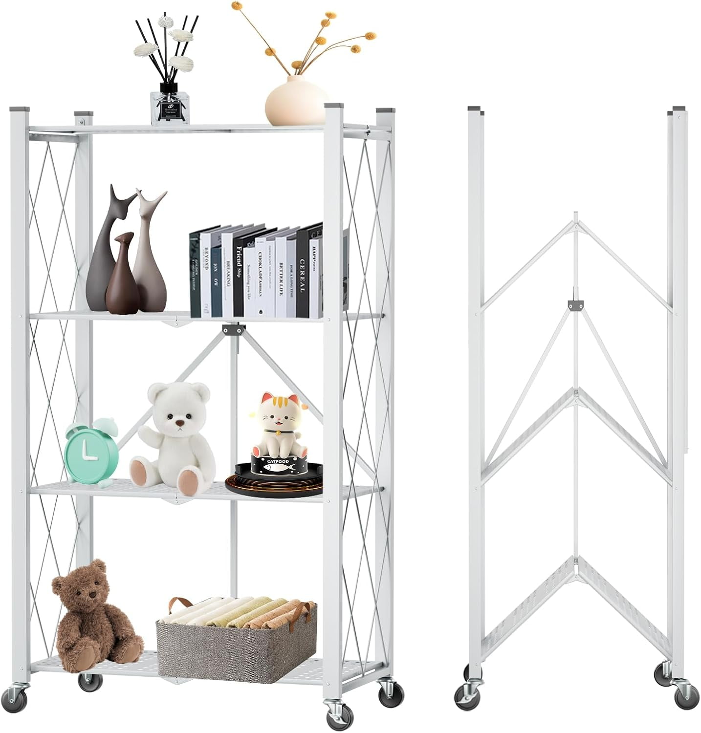 4 Tier Foldable Storage Shelf with Wheels, Heavy Duty Folding Shelf ...
