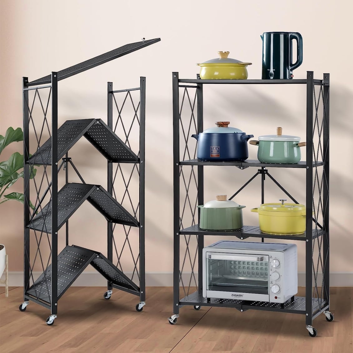 4-Tier Foldable Storage Shelf with Wheels, Heavy-Duty Metal Iron ...