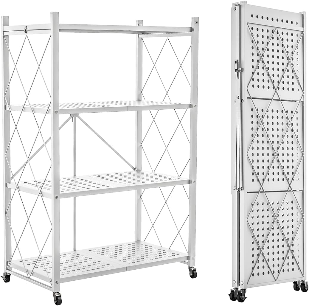 4-Tier Foldable Storage Shelf with Wheels - Metal Collapsible Shelving Unit Display, Rolling ...