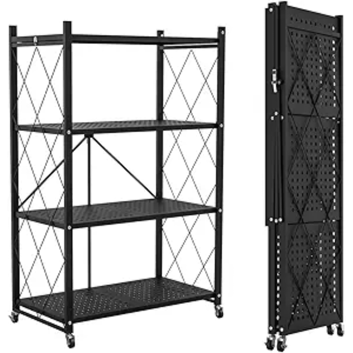 4-Tier Foldable Storage Shelf with Wheels - Metal Collapsible Shelving ...