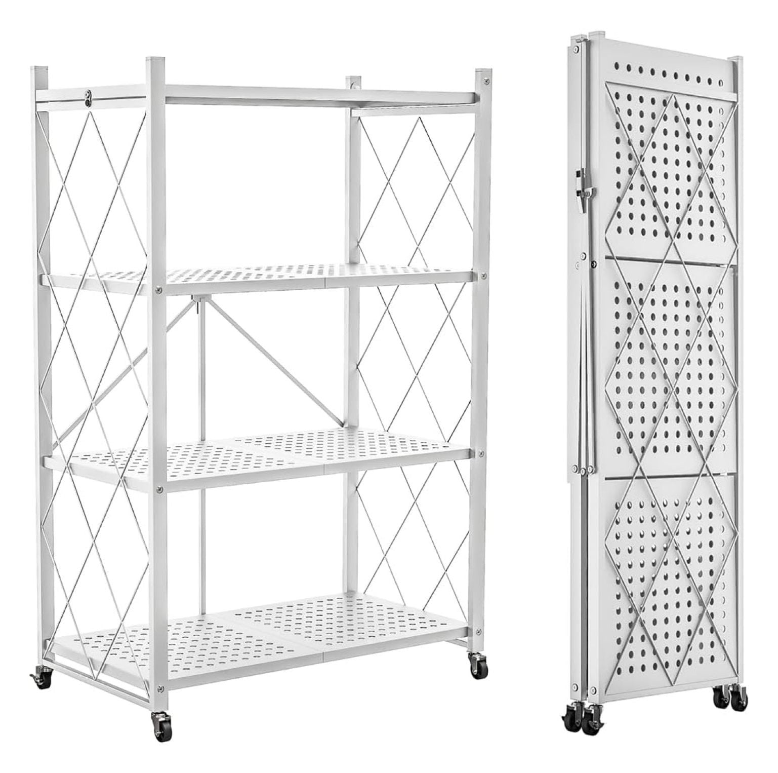 4-Tier Foldable Storage Shelf with Wheels - Metal Collapsible Shelving ...