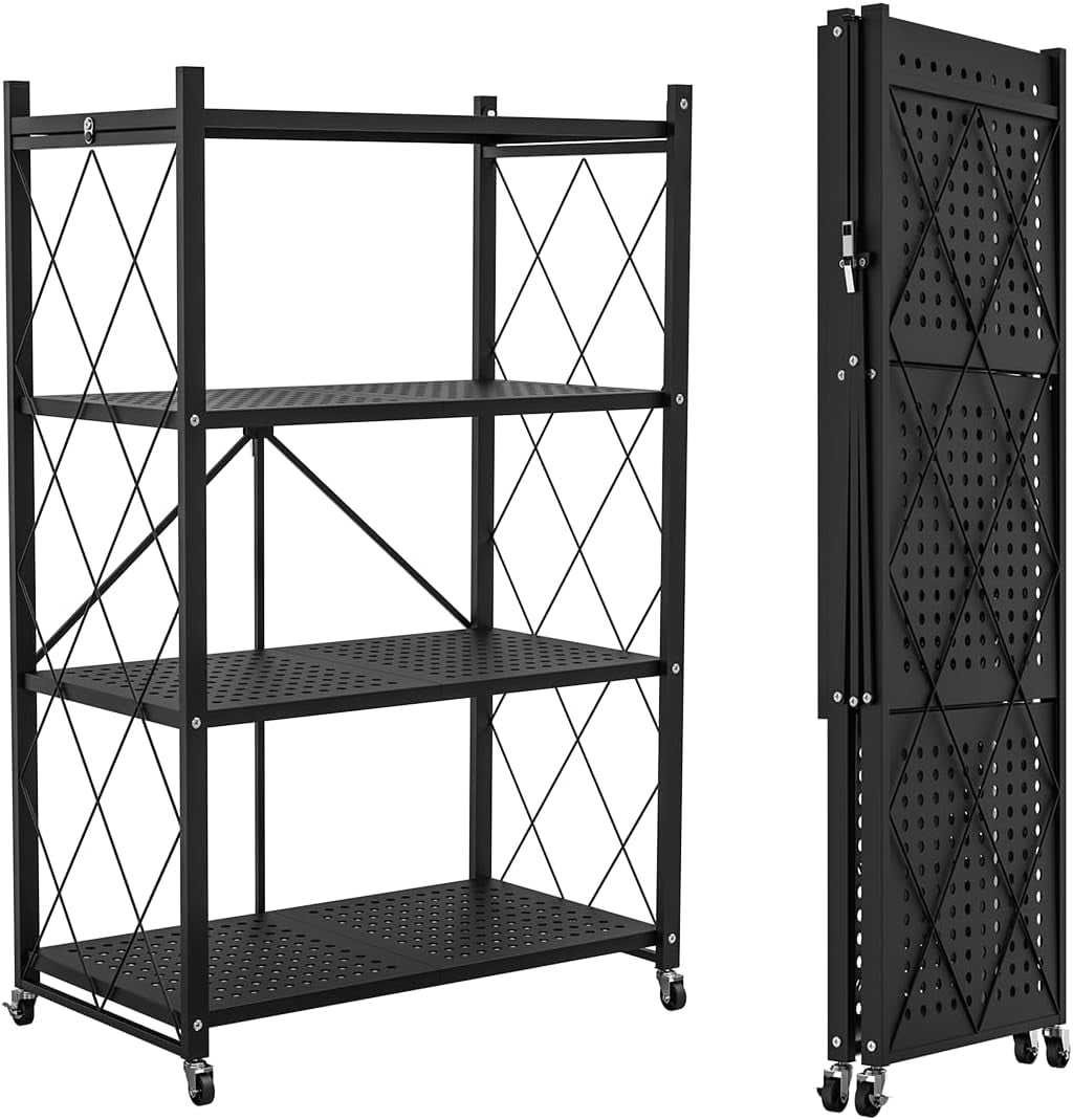 4-Tier Foldable Storage Shelf with Wheels - Metal Collapsible Shelving ...