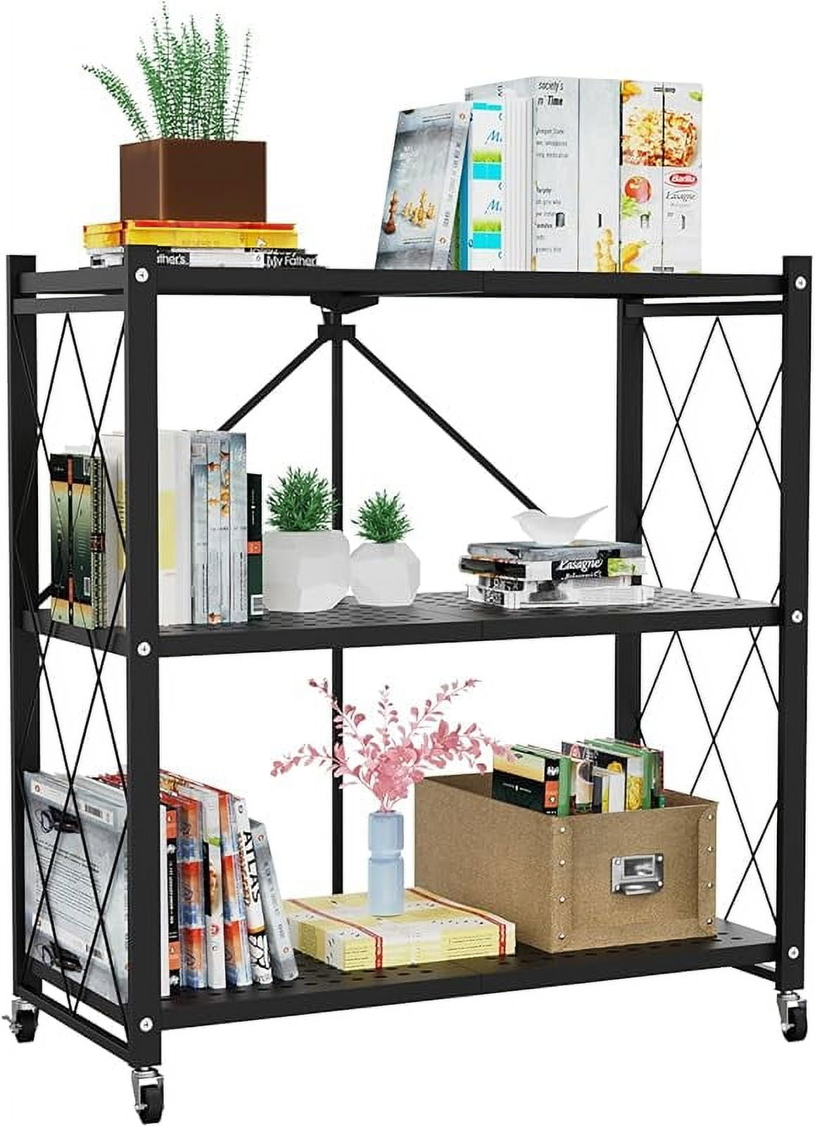 4-Tier Foldable Storage Shelf with Wheels - Metal Collapsible Shelving ...