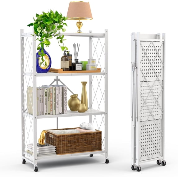 4-Tier Foldable Storage Shelf with Wheels | Metal Rack Collapsible ...