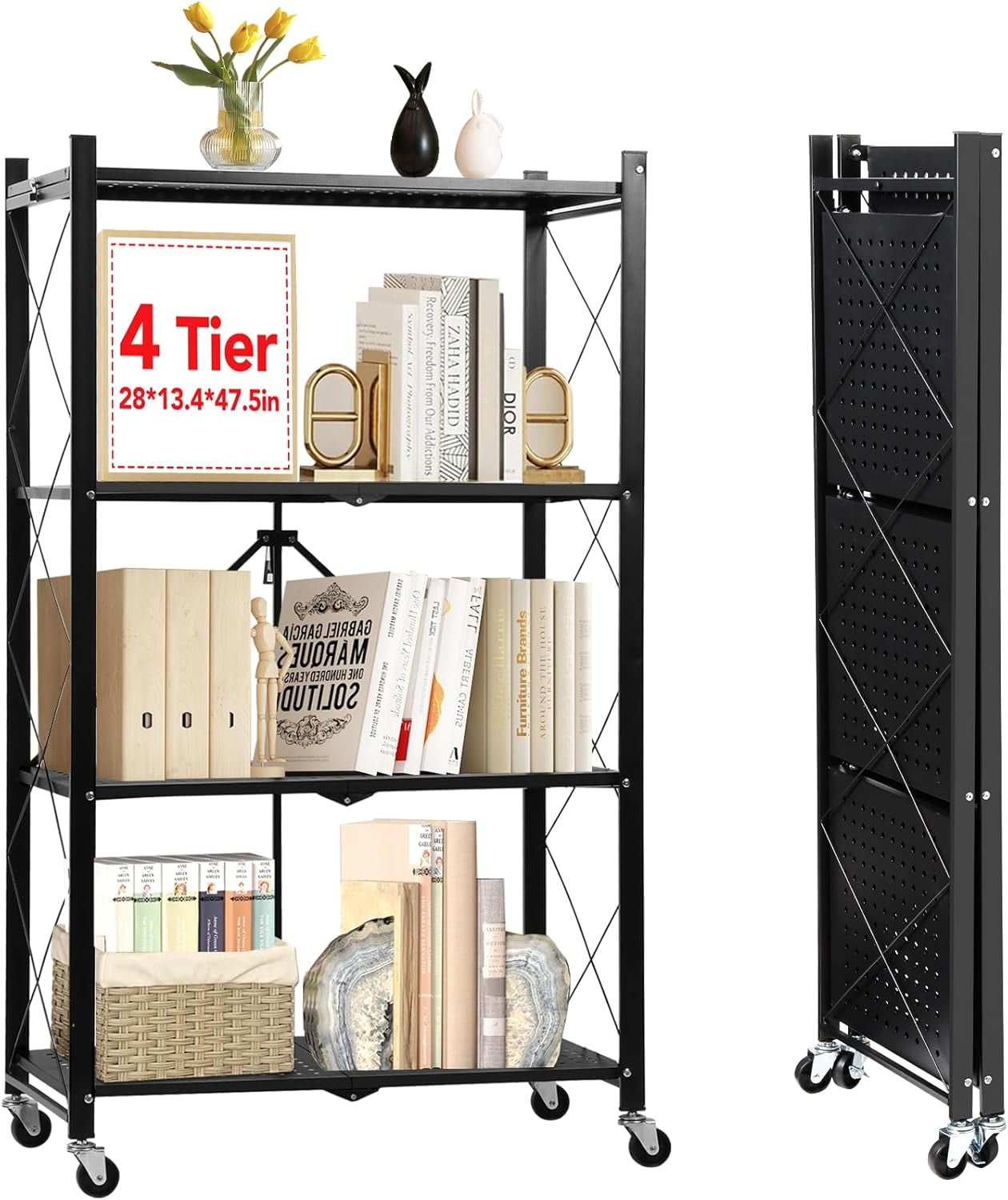 4-Tier Foldable Storage Shelf with Wheels, No Assembly Required Metal ...