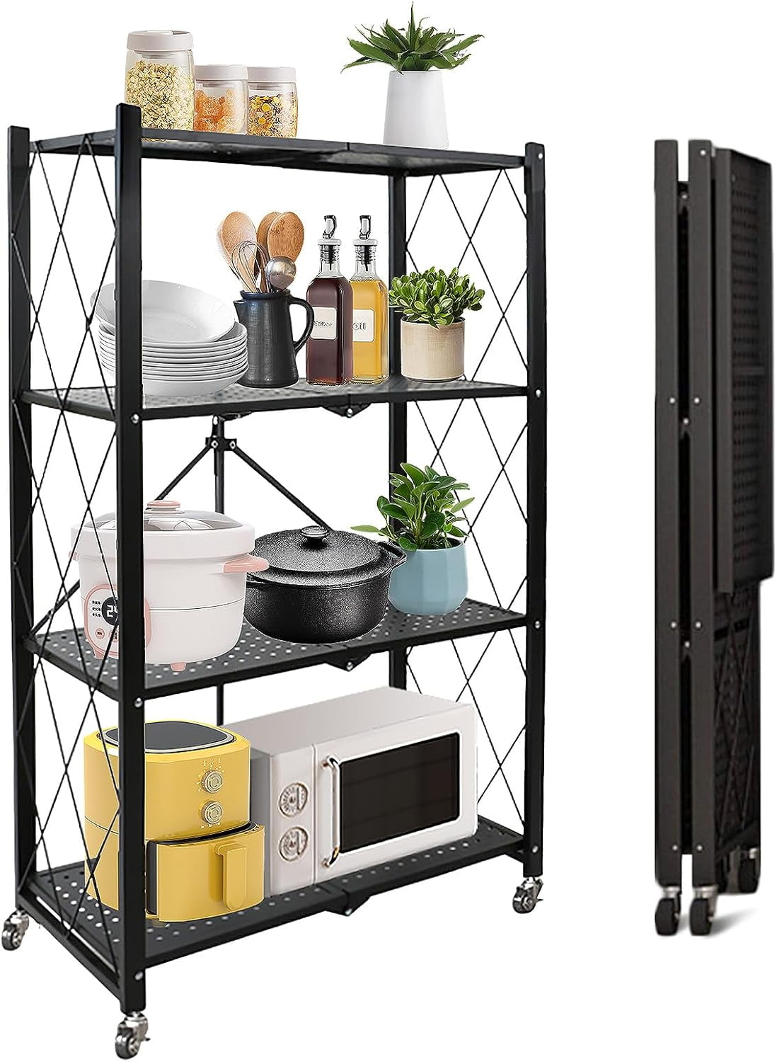 4-Tier Foldable Storage Shelf with Wheels,Storage Shelves, Closet ...