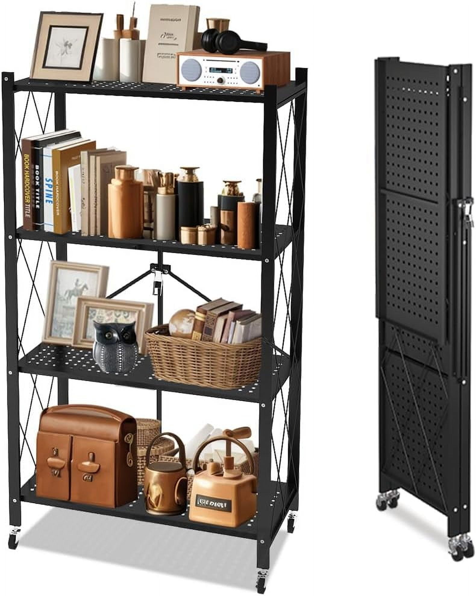 4-Tier Foldable Storage Shelves, Kitchen Storage Rack with Wheels ...
