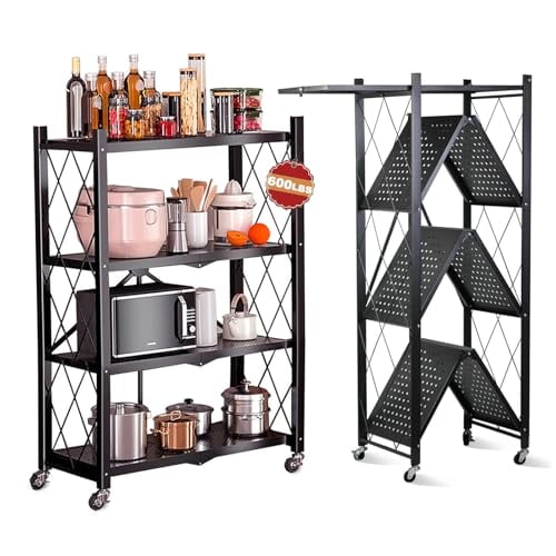 4-Tier Foldable Storage Shelves with Wheels, Heavy Duty Garage Storage ...