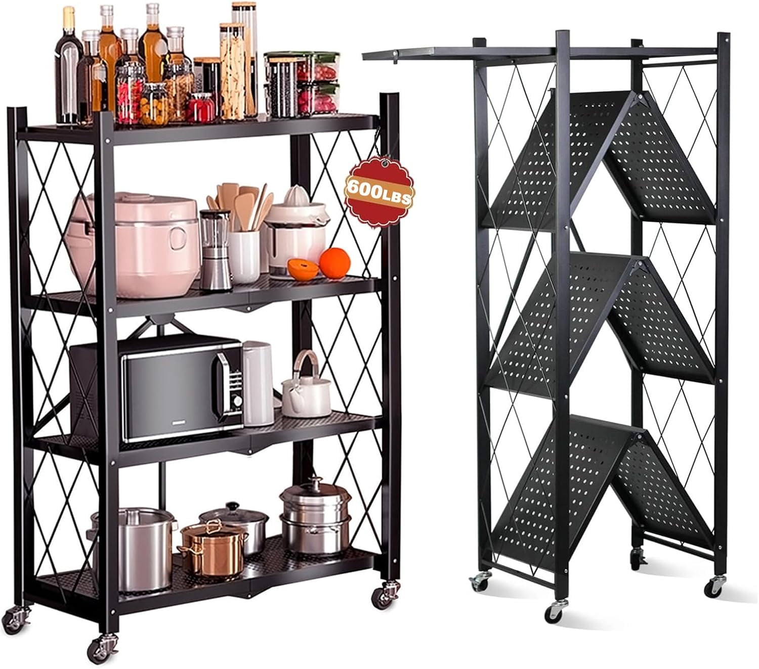4-Tier Foldable Storage Shelves with Wheels, Heavy Duty Garage Storage ...