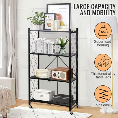 4-Tier Foldable Storage Shelves with Wheels, Heavy Duty Garage Storage ...