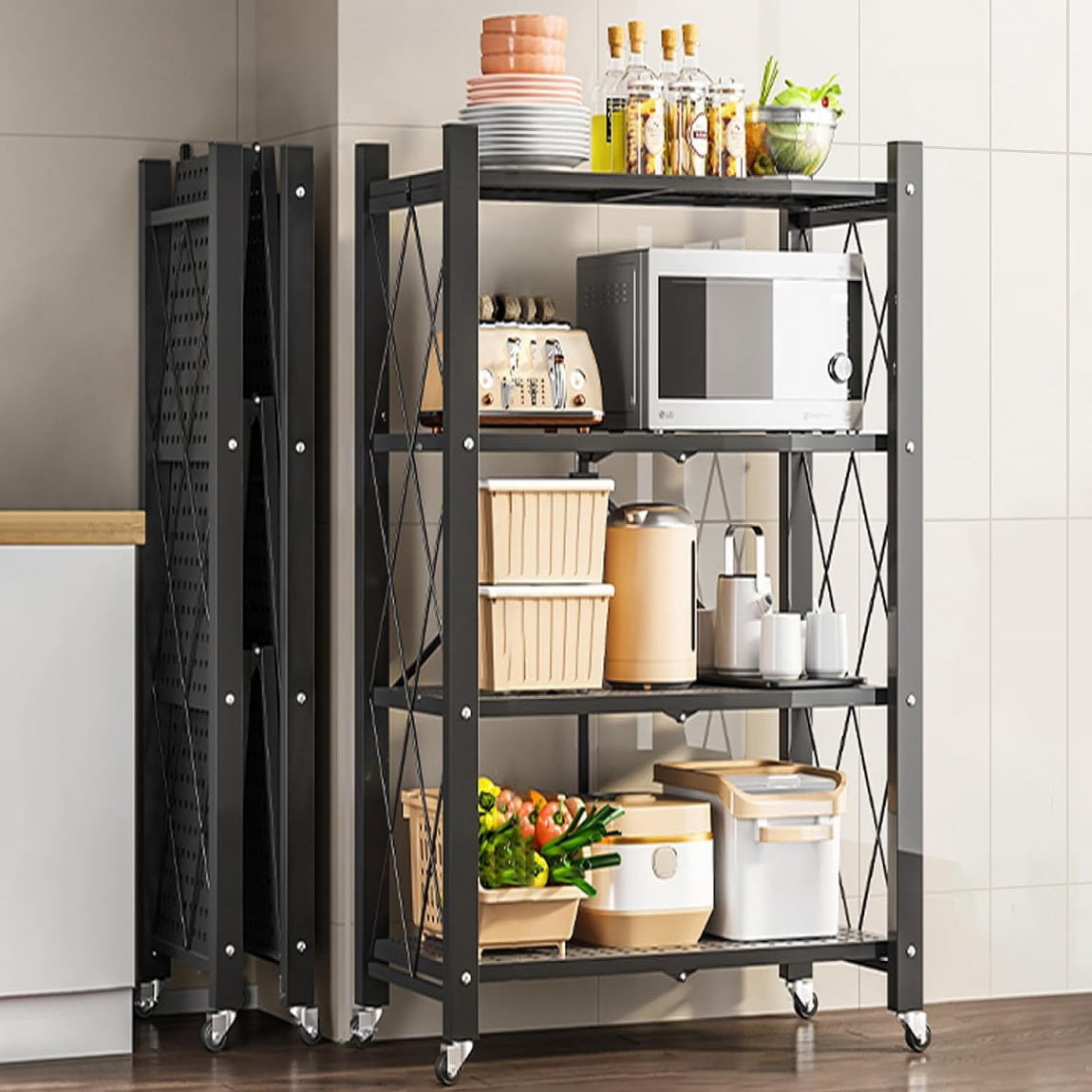 4 Tier Foldable Storage Shelves with Wheels, Heavy Duty Metal Shelving ...