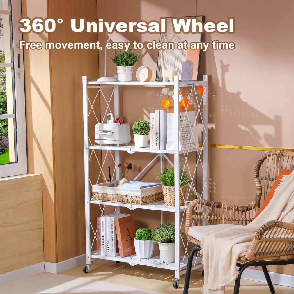 4 Tier Foldable Storage Shelves with Wheels, Heavy Duty Metal Shelving ...