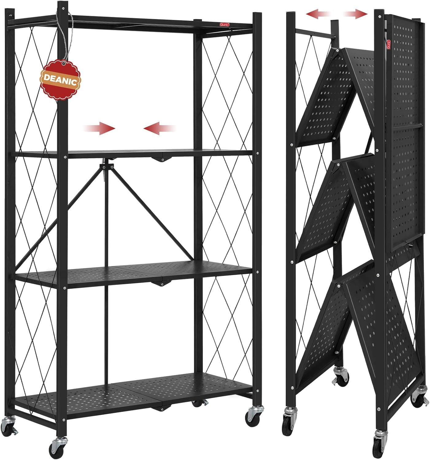 4 Tier Foldable Storage Shelves with Wheels, Large Capacity Shelving ...